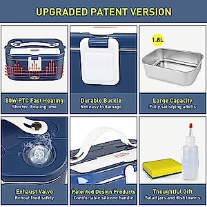 AosFero 80W1.8L Portable Heated Electric Lunch Box,3 in1 food warmer lunch box（12/24/110-230V） suitable for Car/Truck/Home.Free 120ml salad bottle and dishwashing cotton, with fork、spoon、carrying bag