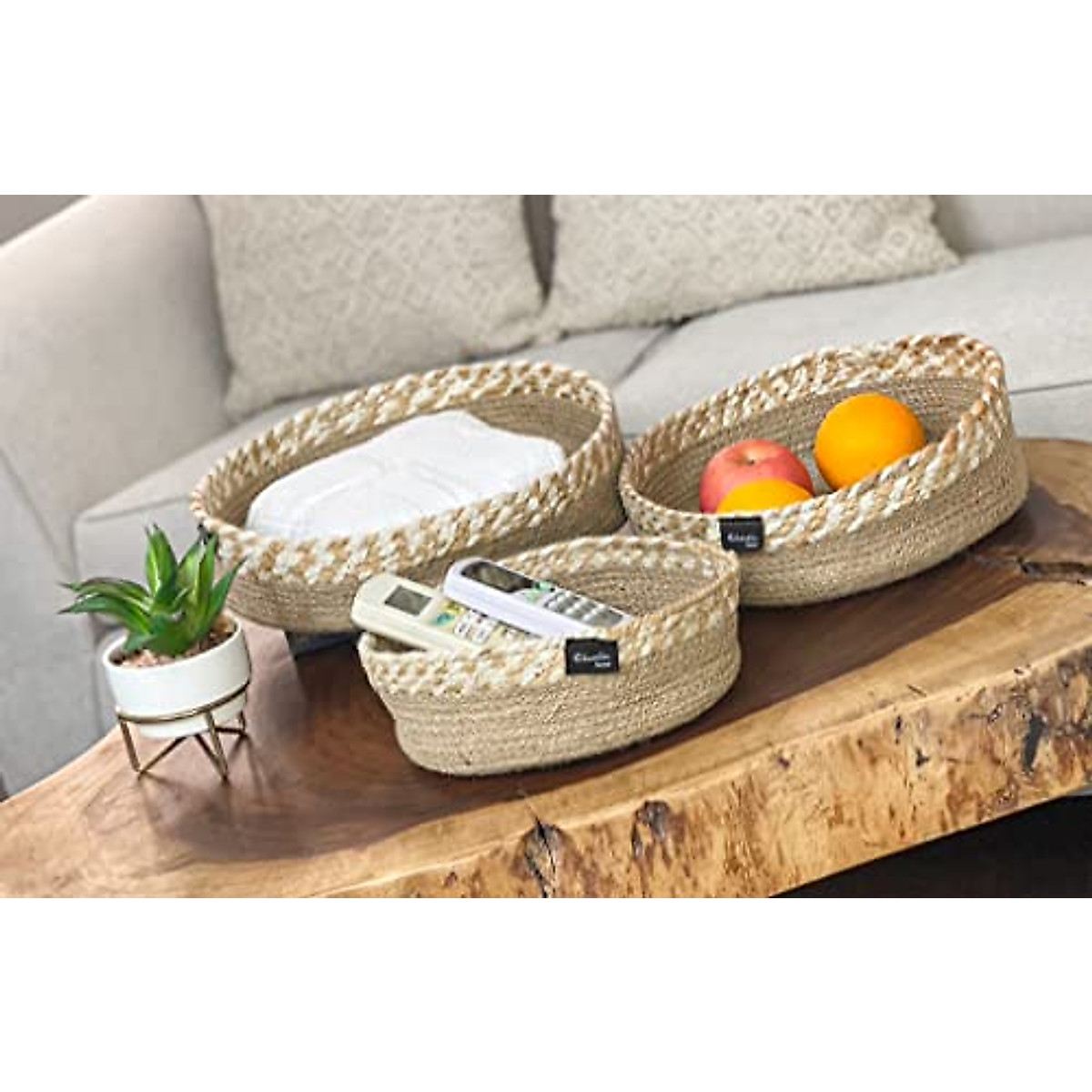 CHARDIN HOME Jute Rope Decor Baskets - SET OF 3 collapsible baskets, (8, 10,12 Inch Diameter, 4 Inch height) for kitchens, desks, dressers. Also great for multi-purpose storage.