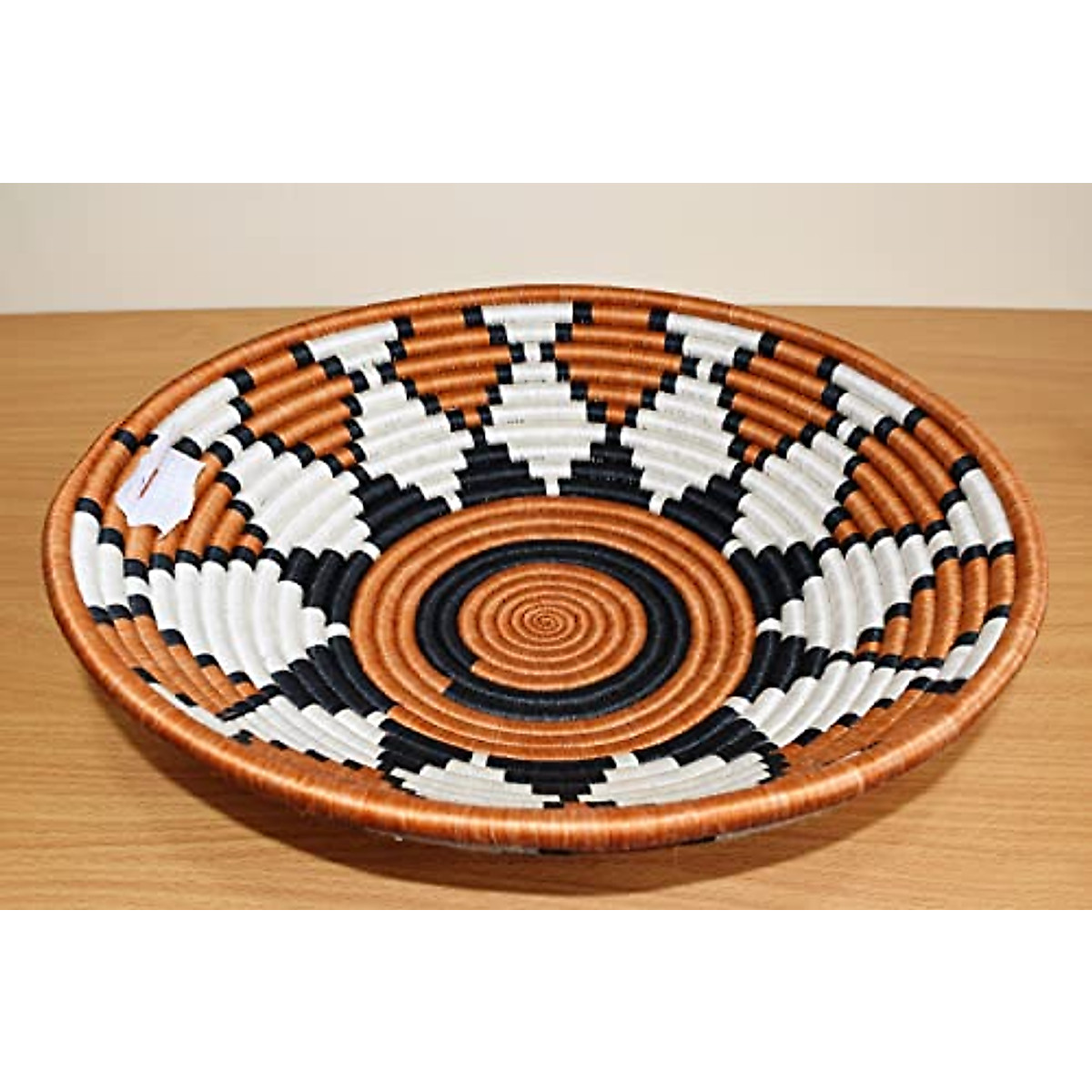 Large Hand Woven African Basket - 12 Inches Sisal & Sweetgrass Basket - Handmade in Rwanda, Gingerbread/Cinnamon Brown, Black, RB031