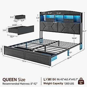 DOGIBIXO Queen Size Black Bed Frame with 4 Storage, Upholstered Velvet Platform Bed Frames with Button Tufted Headboard Led Lights, Wooden Slats Support, No Box Spring Needed, Black