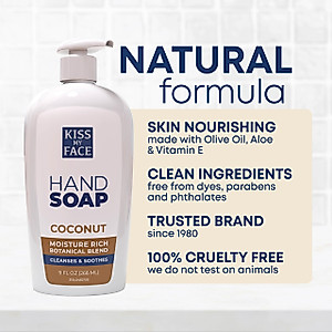 Kiss My Face Coconut Hand Soap, Tropical Moisture Cleanse, With Added Yarrow And Coconut Water, Easy To Use Hand Soap Pump, Coconut Scented, Cruelty Free & Vegan Soap, 9 Fl Oz Bottle