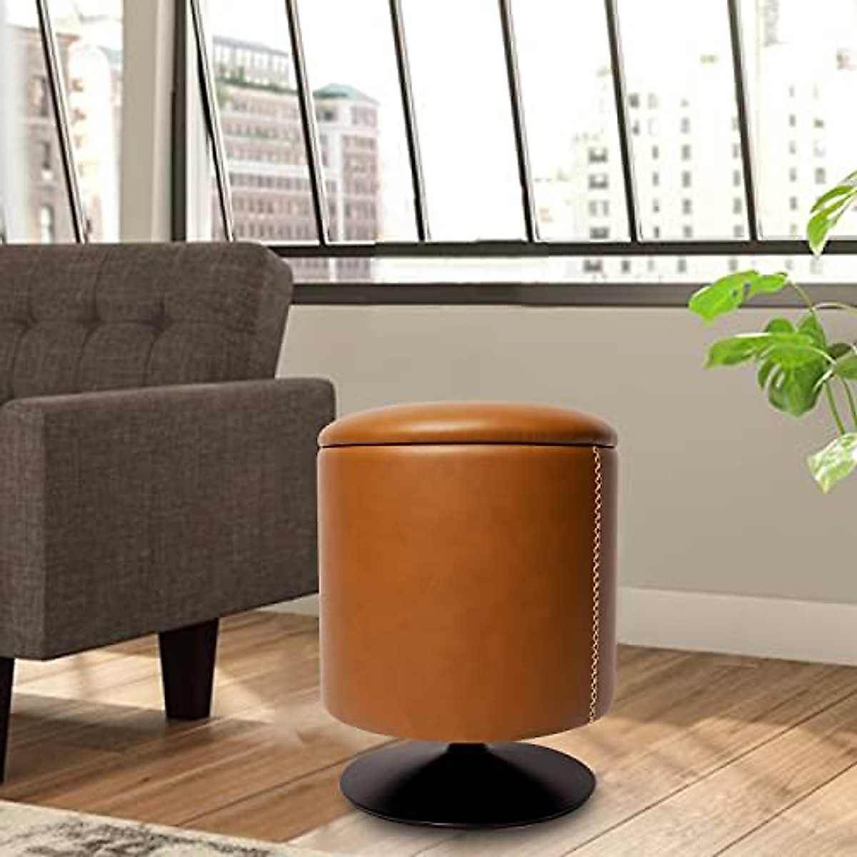 HeuGah Storage Ottoman with Storage for Living Room,Faux Leather Round Ottoman Coffee Table and Ottoman Foot Rest with Metal Rotatable Chassis (Brown)