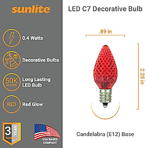 Sunlite 80702 LED C7 Holiday Decorative Light Bulb, 0.4 Watts, E12 Candelabra Base, Faceted Christmas-Lights; Nightlight, Red 6 Count