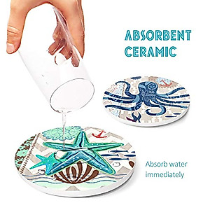 Coaster for Drinks by Teivio, Absorbing Stone Sea Ocean Life Paint- Cork Base, with Holder, Coastal Decor Beach Themed Tropical , for Housewarming Bar Decor, Set of 8