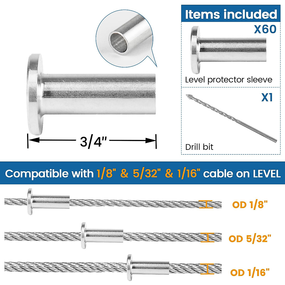Muzata 60Pack Cable Railing Kit Protective Protector Sleeves Grommet for Wood Posts for 1/8" 5/32" 3/16" Wire Rope T316 Stainless Steel Cable Deck Hardware CR88