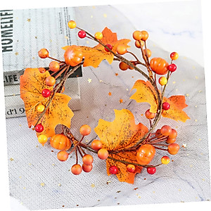 VOSAREA Maple Pumpkin Wreath Mini Autumn Wreath Farmhouse Fall Garland Halloween Party Wreath Decorative Hanging Wreath Pumpkin Candle Ring Mini Maple Leaf Front Door Iron Wire Ornaments