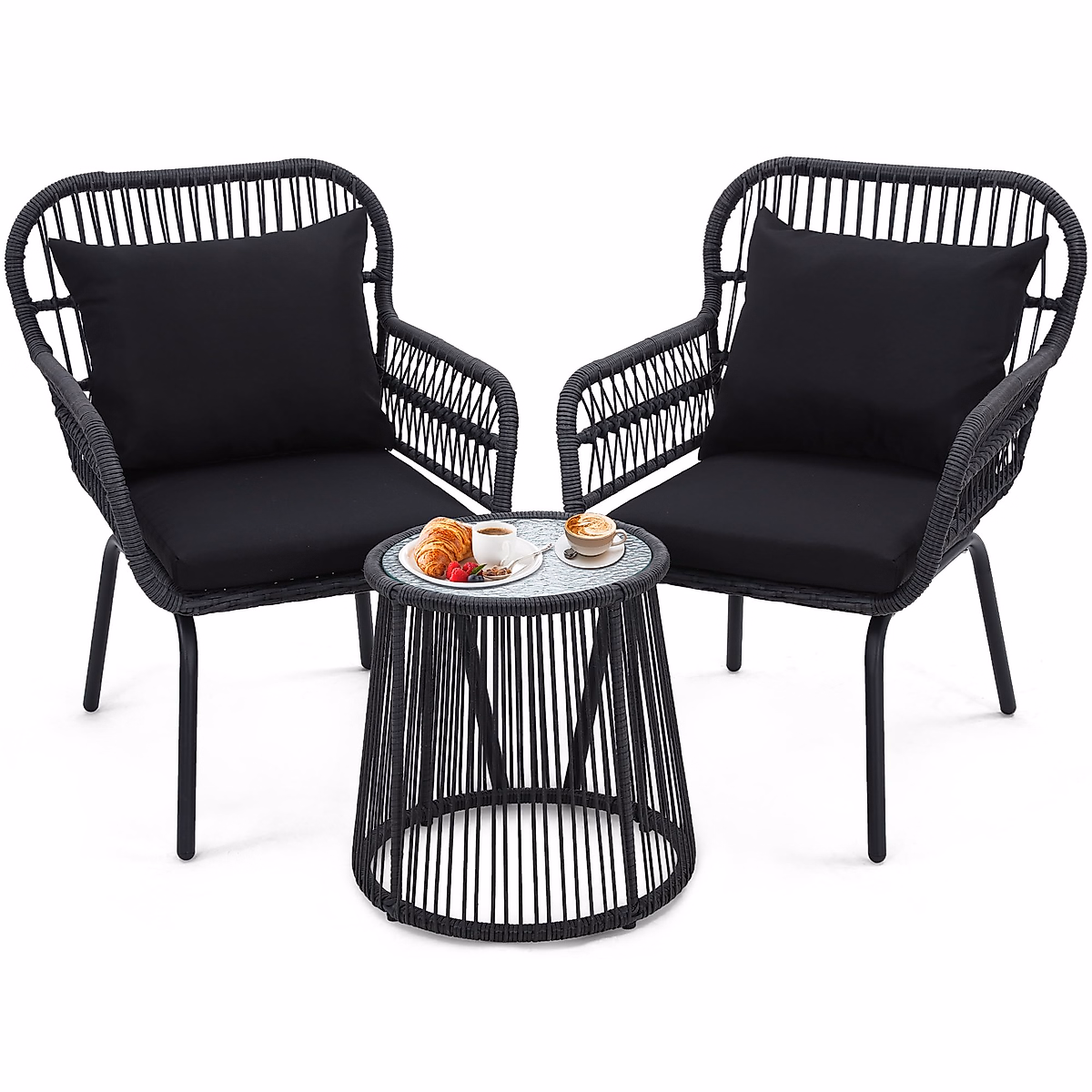 wildformers 3 Pieces Rattan Wicker Bistro Set, Outdoor Conversation Set, Wicker Furniture Set with Glass Top Table, Space Saving for Balcony, Backyard, Black