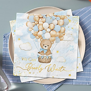 We Can Bearly Wait Baby Shower Napkins, 40Pcs Blue Bear Baby Shower Decorations Napkins, Teddy Bear Favors Napkins Cocktail Dessert Paper Napkin for Kids Gender Reveal Party Supplies