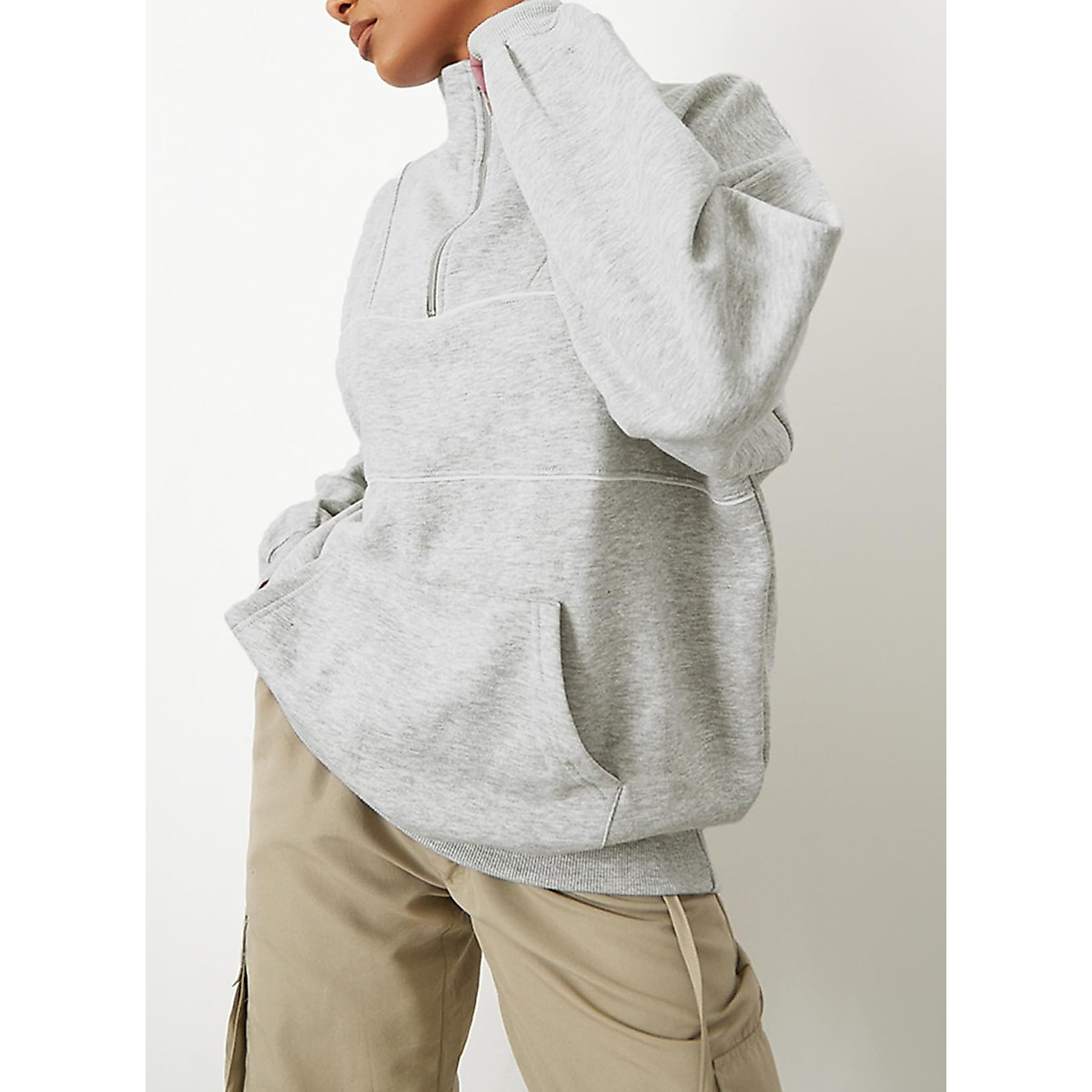 BLENCOT Womens Oversized Quarter Zip Contrast Stitch Pullover Sweatshirt Loose Up Drop Shoulder Winter Y2K Tops Gray XL