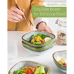 HENXFEN LEAD Ceramic Cereal Bowls, Square Serving Bowls 22 Oz for Side Dish, Appetizers, Salad - Oatmeal, Soup, Fruit Bowls Microwave Oven Safe, Set of 4 - Reactive Green