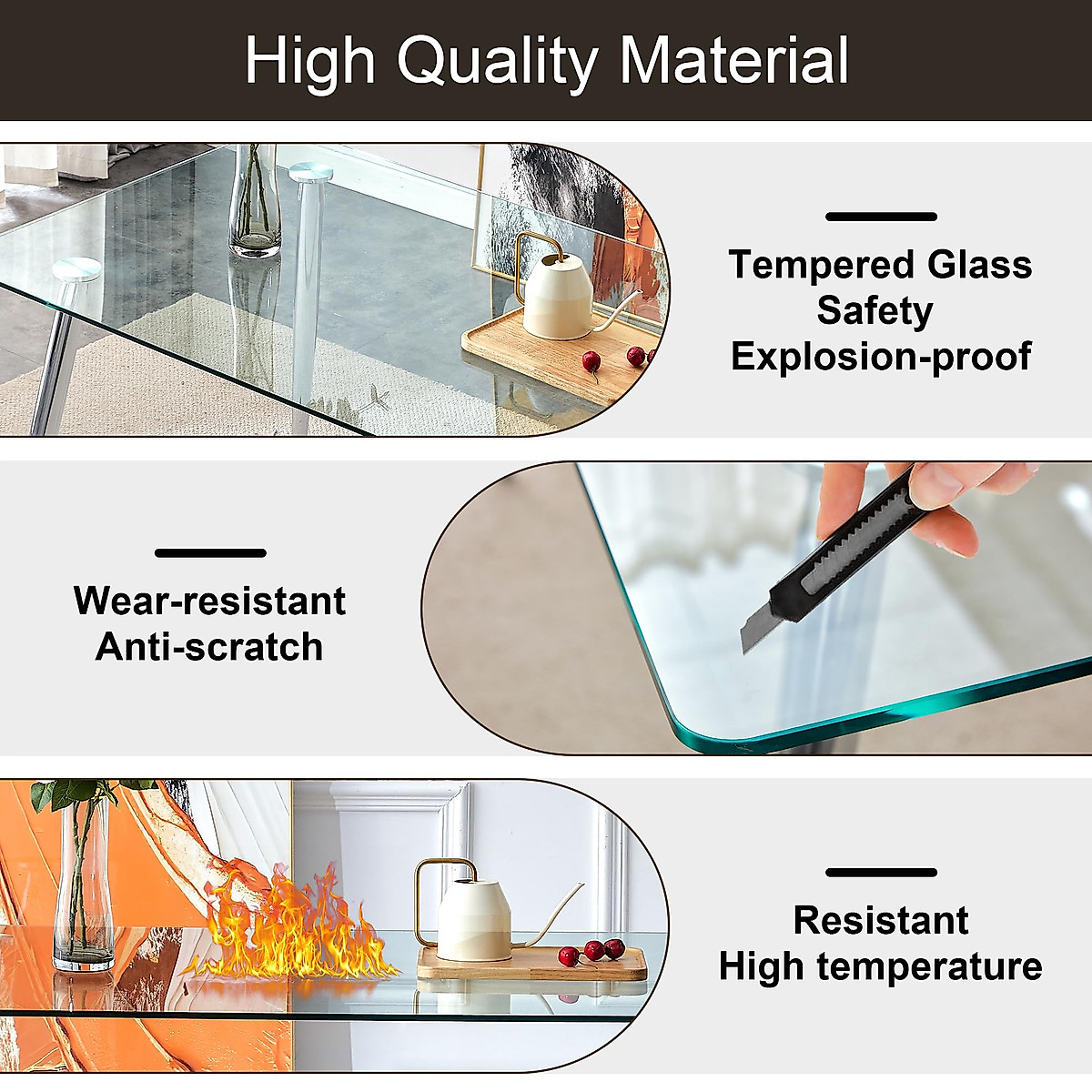 WEKEOT 63" Rectangular Dining Table Set Modern Dining Table Set 7 Pieces Kitchen Table and Upholstered Chairs (1Table+4Chairs, Transparent GlassTable, White Chair)