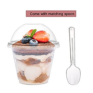 Coloch 100 Pack 9 Oz Clear Plastic Dessert Cup with Dome Lid and Spoon, Disposable PET Crystal Parfait Cup Take-out Liquid Container for Fruit, Dessert, Cupcake, Cold Drinks, Ice Cream, Snack