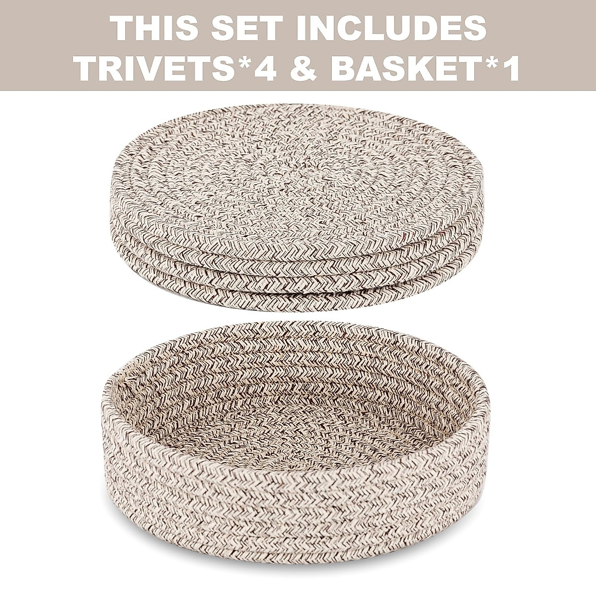 Trivets for Hot Dishes, Trivets for Hot Pots and Pans, Cotton Coasters 4 Pcs and Storage Basket 1 Pack, Pot Holders for Kitchen, Hot Pads for Table, Hot Mats Protect Countertops (Brown 4 Pcs)