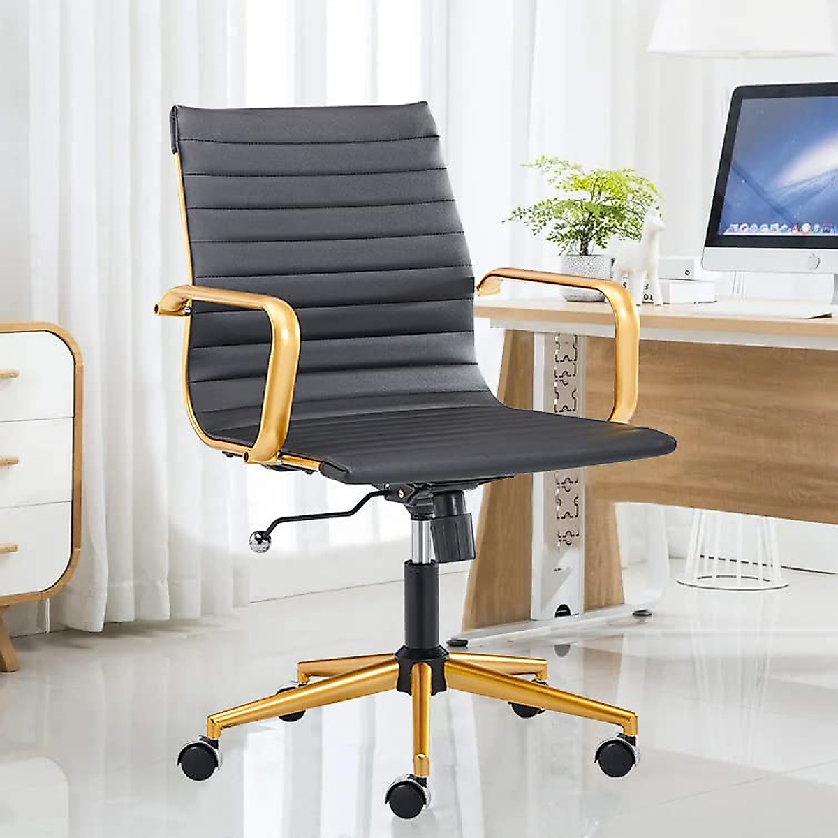 COROCC Office Desk Chair Modern Conference Room Task Chairs Leather Computer Swivel Excutive Ribbed Ergonomic Rolling Comfortable Chair for Home Office Black and Gold Chair