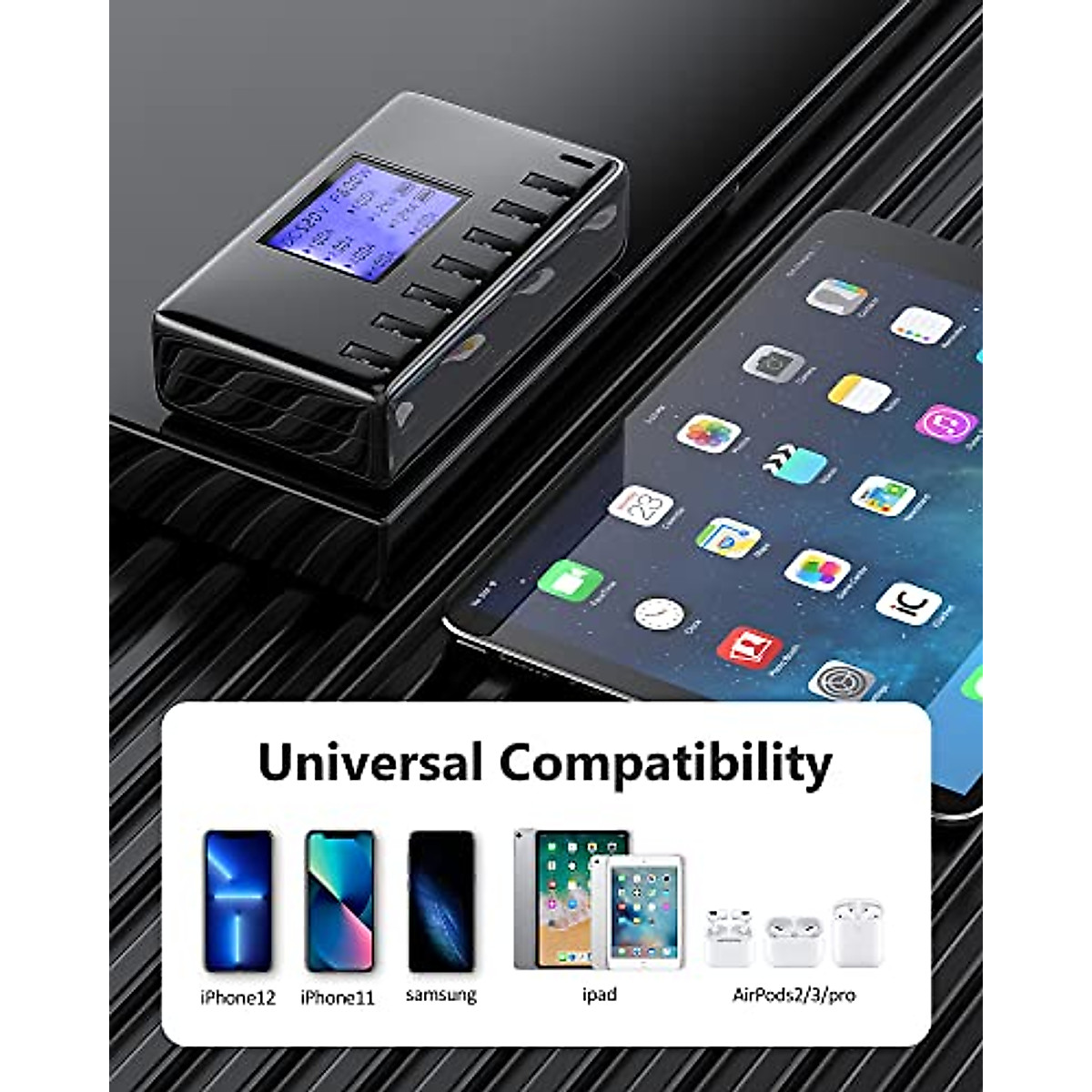 USB Charging Station, Ziwodiv 8-Ports USB Charger Station, 60W/12A Multi Port USB C Hub Charger with LCD Display for Multiple Devices, Compact Desktop Charging for iPhone iPad Samsung Android Tablet
