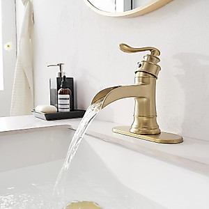 Bathfinesse Gold Bathroom Faucet Waterfall Bathroom Sink Faucets Brass with Pop Up Drain Stopper Single-Handle 1 Hole Faucet
