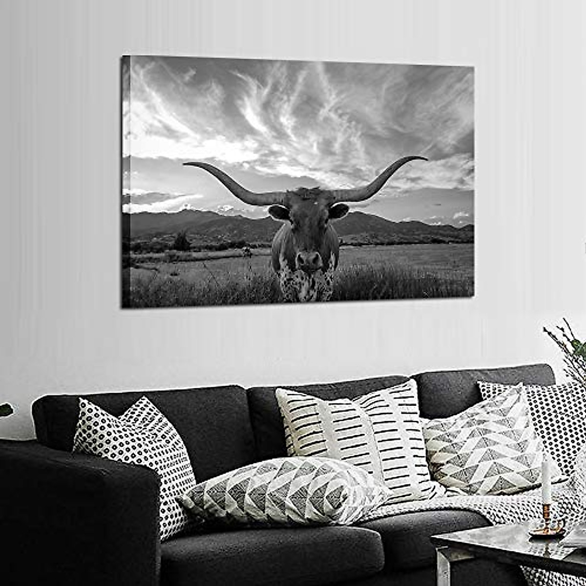 Kreative Arts Black and White Animal Canvas Wall Art Highland Cattle with Long Horns Picture Texas Longhorn in Sunset Farm Painting for Home Decor Modern Living Room Decorations Ready to Hang 47x32inch