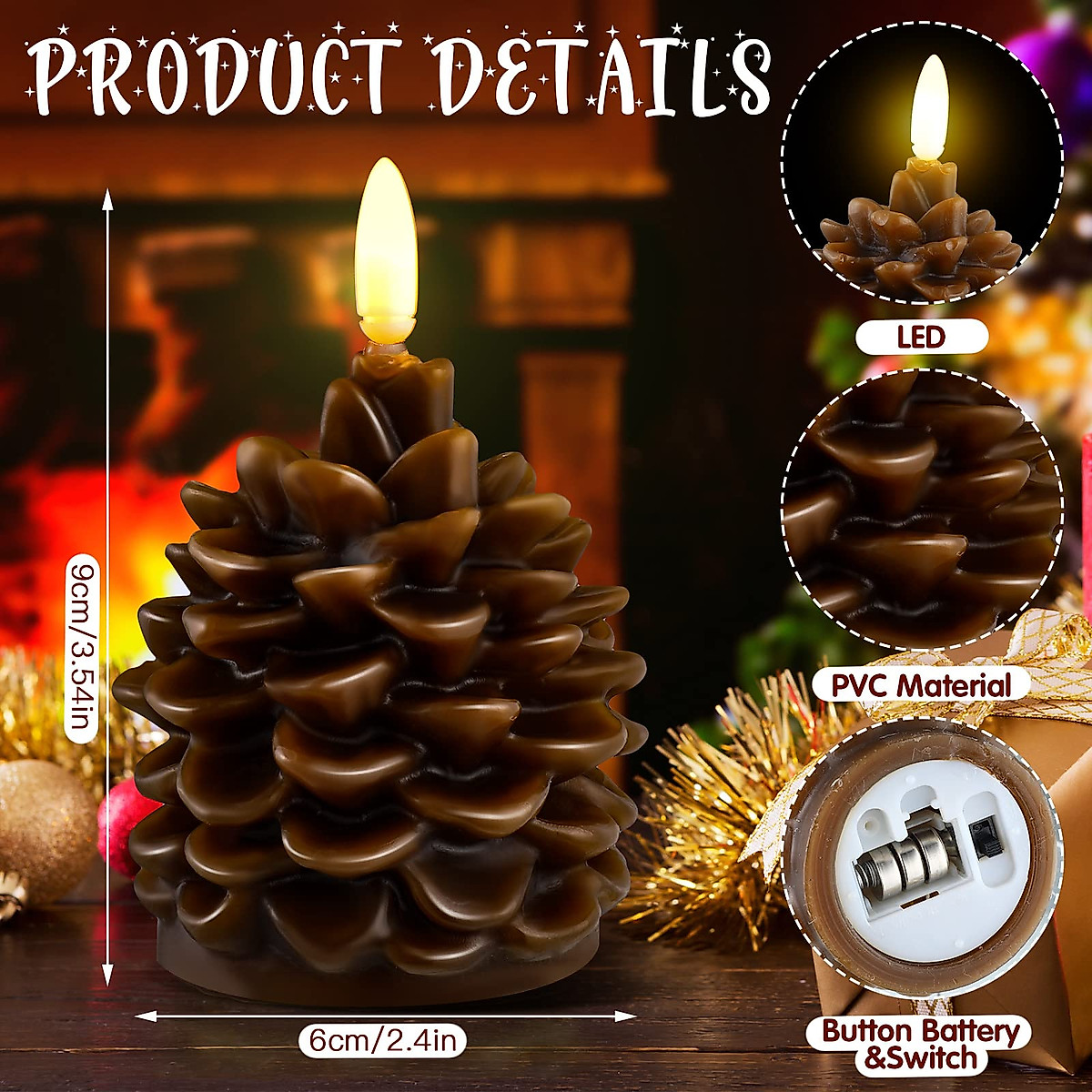 4 Pieces Christmas Pinecone Candles Flameless Acorn Decor LED Pinecone Candle Pinecones Decor Real Wax Unscented Battery Operated Candle for Thanksgiving Christmas Winter Holiday Decoration(Brown)