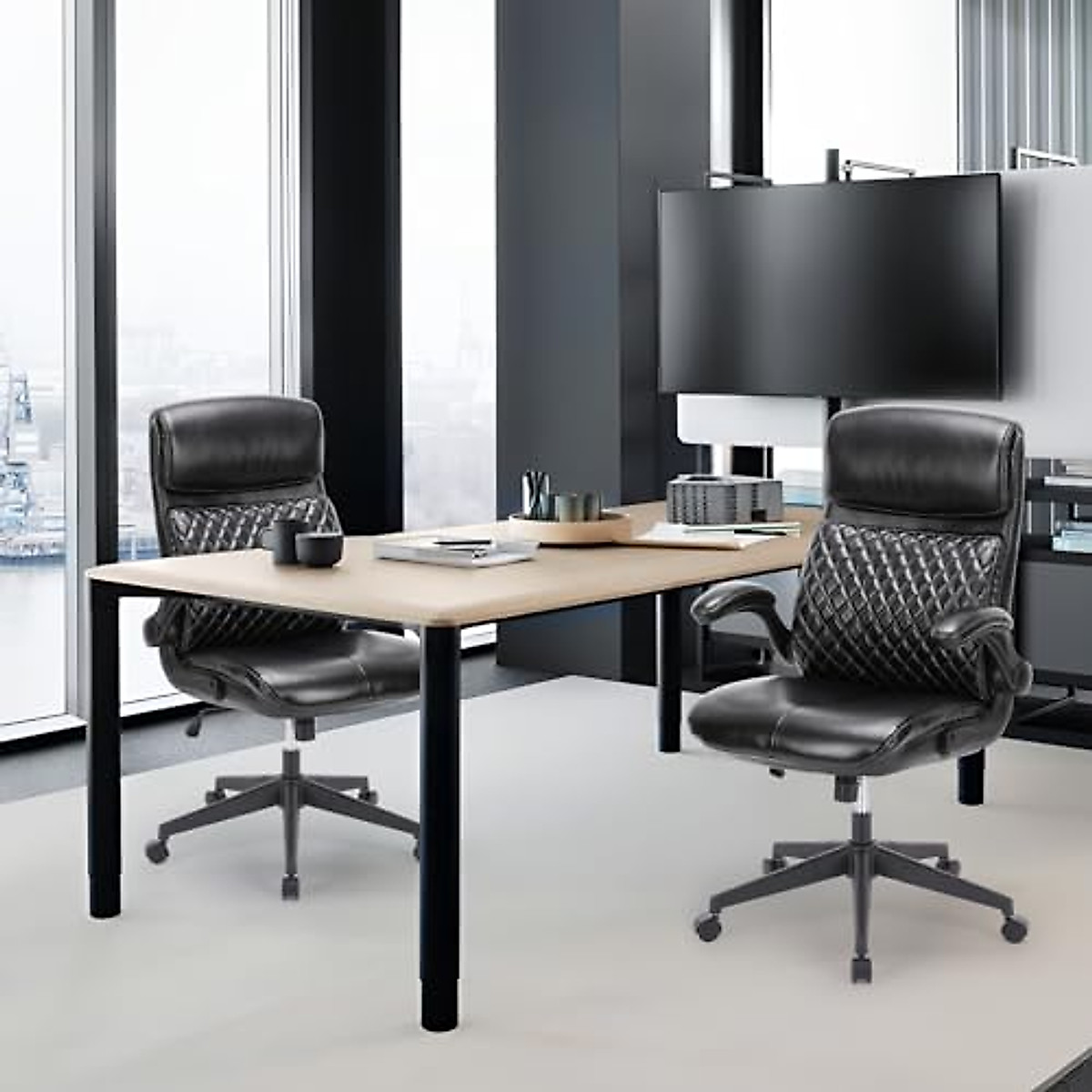 COLAMY Ergonomic Office Chair, Executive Desk Chair, Leather Office Chair with Padded Flip-up Arms, Adjustable Height Swivel Rolling Work Chair-Black