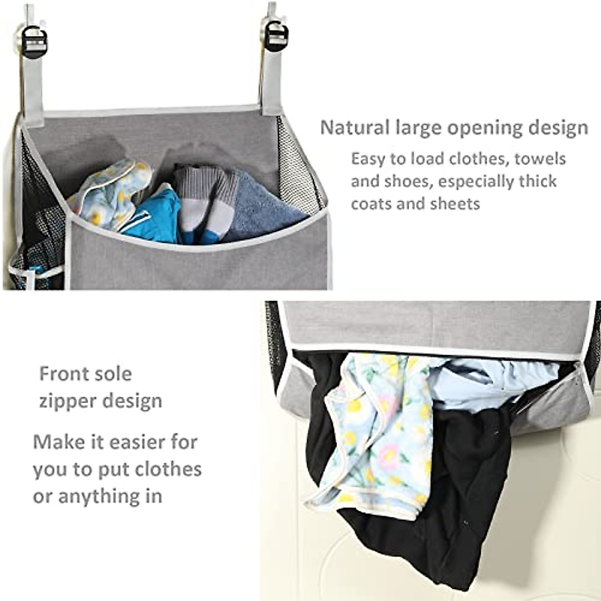 Hanging Laundry Hamper Bag Large Opening Large Capacity Expandable Multi-Pocket Over The Door Laundry Hamper Equipped With A Freely Adjustable Height Hook Hanging Laundry Bag For Clothes Storage