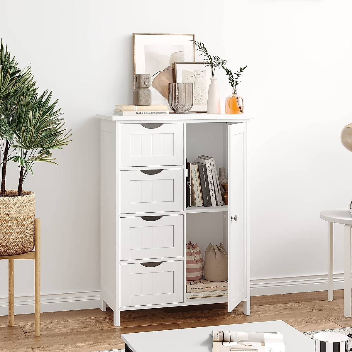 Irontar Bathroom Floor Cabinet, Storage Cabinet with 4 Drawers and Adjustable Shelf for Entryway Storage, Home Office Furniture, White CWG005W