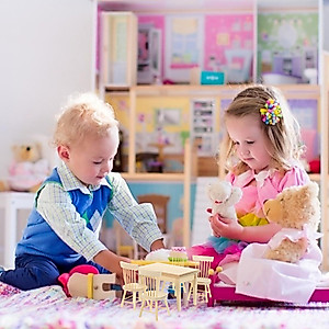 Dollhouse Miniature Dining Table Chair Wooden Furniture Set Miniature Figurines for Kids Decor Ornament Dark Red