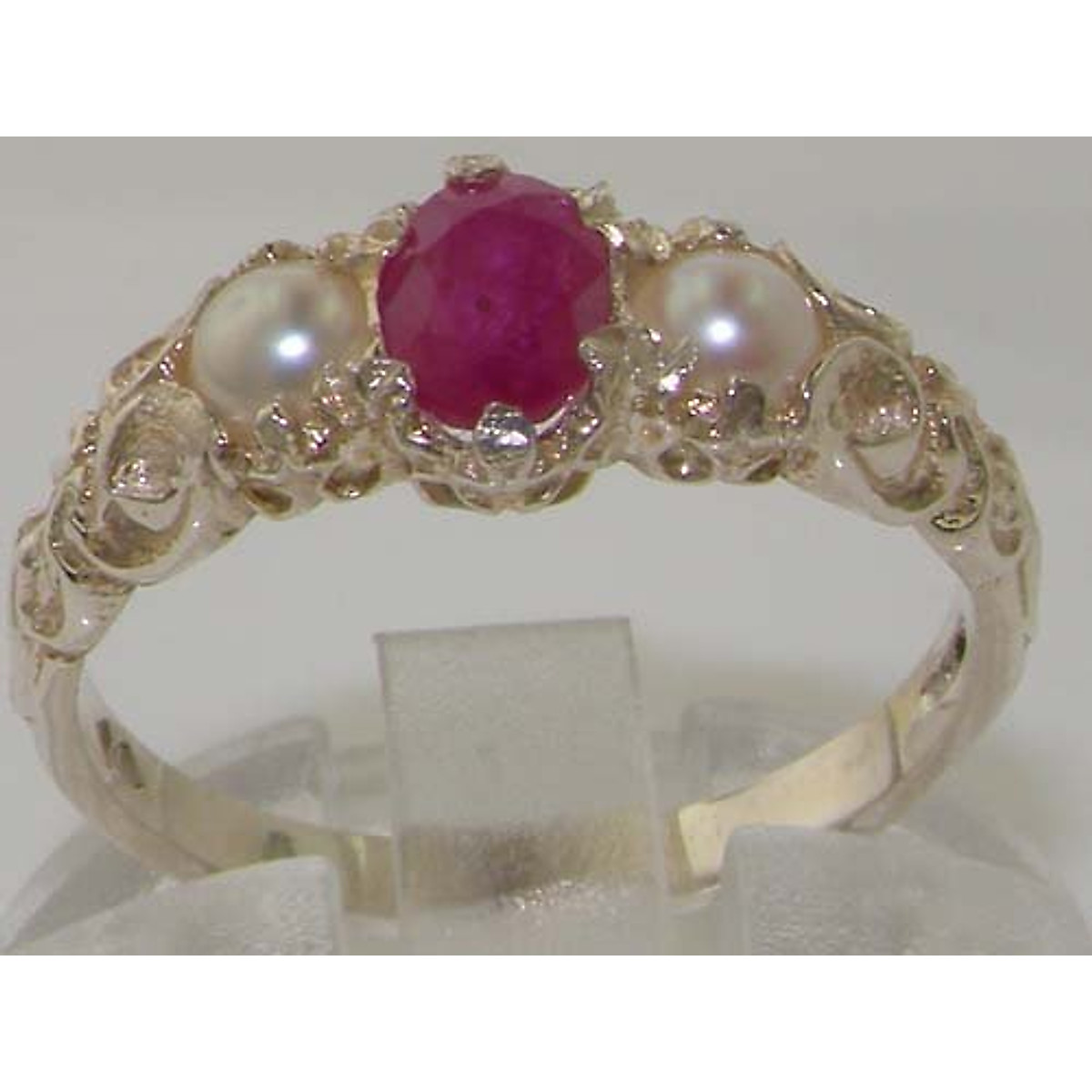 LetsBuyGold 925 Sterling Silver Real Genuine Ruby and Cultured Pearl Womens Band Ring - Size 10