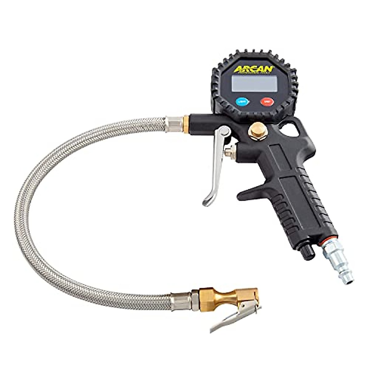 ARCAN Professional Tools Digital Tire Inflator and Gauge with Valve Core Remover, 3-200 PSI Range, Digital Display Screen with PSI/BAR/KPA/KGF Readings, Dual AAA Battery Powered (ADTIAG)