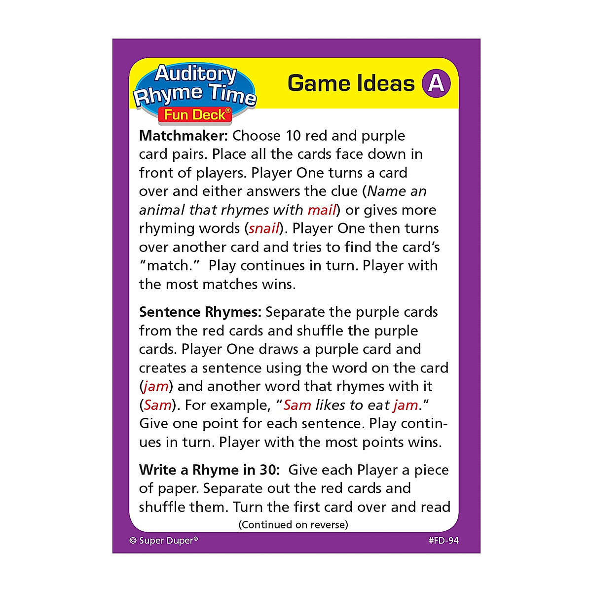 Super Duper Publications | Auditory Rhyme Time Fun Deck Flash Cards | Educational Learning Resource for Children