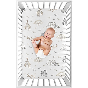 Sweet Jojo Designs Jungle Safari Animals Boy Girl Fitted Mini Crib Sheet Baby Nursery Portable Crib Pack Play Brown Taupe Black and White Gender Neutral Elephant Giraffe Wildlife Adventure Serengeti