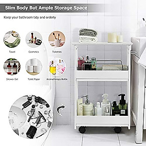 Tangkula Slim Bathroom Storage Shelves, Wooden Rolling Storage Cabinet w/ 3-Tier Shelves, Lockable Wheel, Towel Bar, Side Storage Organizer for Kitchen, Bathroom, Laundry, 18 x 8 x 25.5 inches (White)