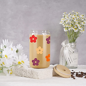 Coolife Retro Daisy Glass Cup - 16 oz Drinking Glass Cups w/Bamboo Lids Straws, Iced Coffee Cup, Cute Glass Tumbler for Coffee Smoothie Beer, Unique Mothers Day Birthday Gifts for Women Her