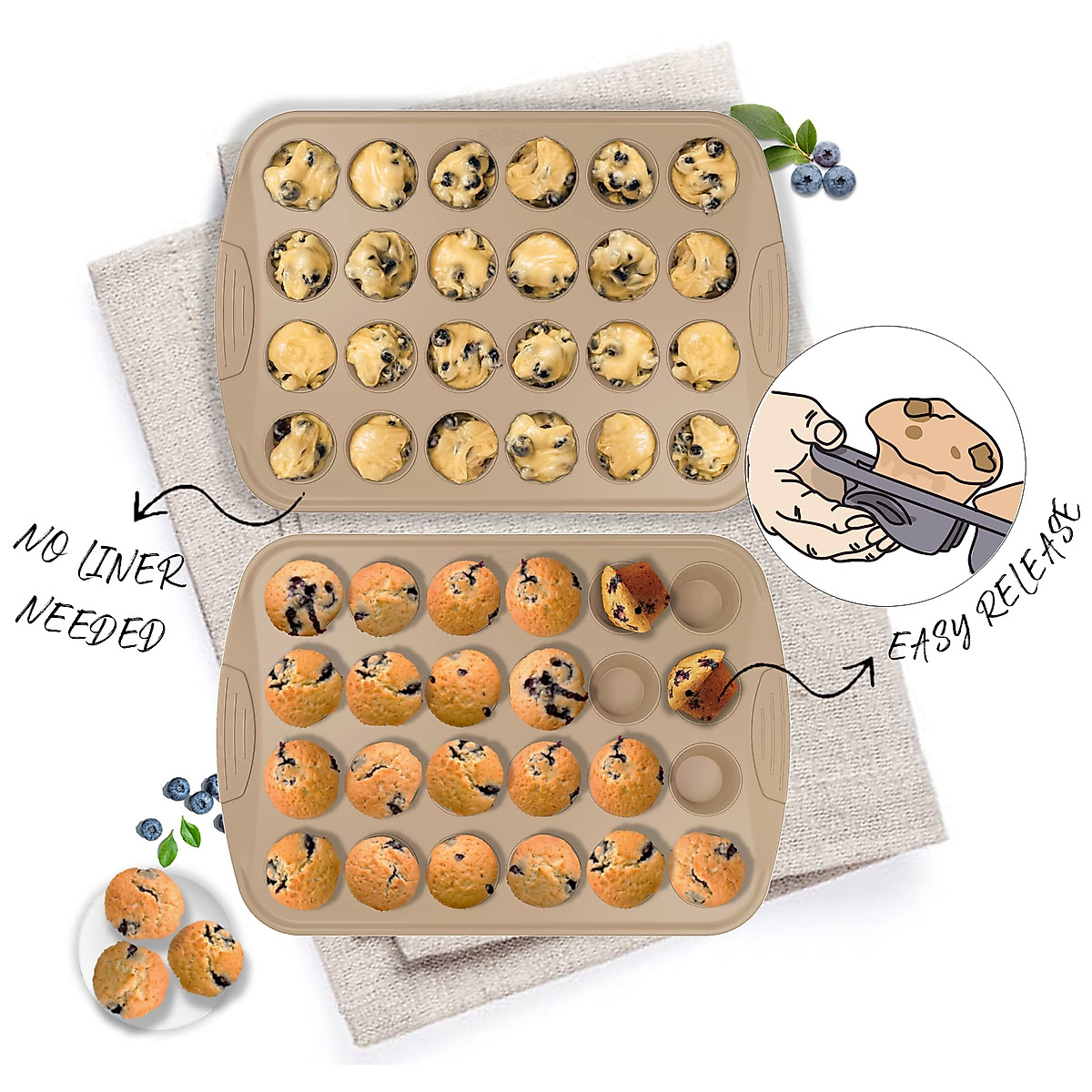 FOODIES HAVEN Silicone Mini Muffin Pan 24-Cup Nonstick Mini Cupcake Molds for Baking