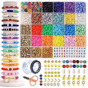LZOUOWO 5300 Clay Beads for Bracelets Making Aesthetic Kit with Smiley Face Beads Polymer Clay Flat Beads for Bracelets Set Heishi disc Beads and Letter Beads for Girls Ages 8-12