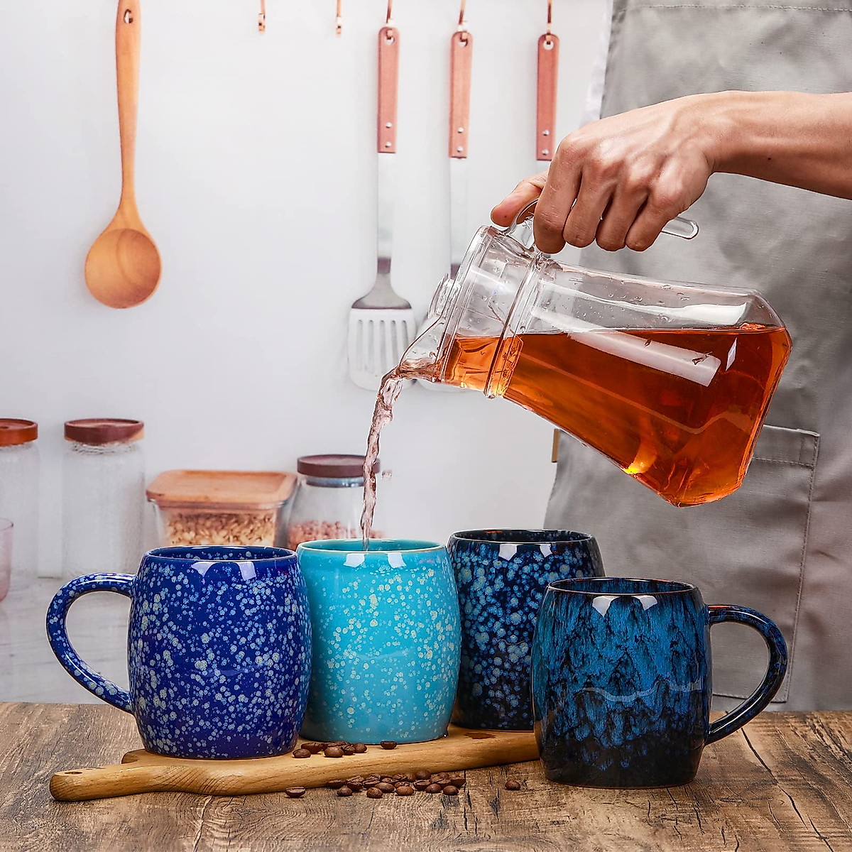 Otevymu 21 Oz Large Ceramic Coffee Mug, Handmade Pottery Big Tea Cup for Office and Home, Big Handle Hot and Cold Drinking, Microwave and Dishwasher Safe, Unique Texture Glaze (Deep blue)