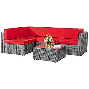 Shintenchi 5 Pieces Outdoor Patio Sectional Sofa Couch, Silver Gray PE Wicker Furniture Conversation Sets with Washable Cushions & Glass Coffee Table for Garden, Poolside, Backyard (Red)