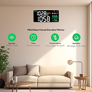 5-in-1 Decibel Meter Wall Hanging Sound Level Meter 30-130dB Range 11 Inch Large LED Display Noise & Time & Temperature & Humidity Meter Wide Applications for Home, Studio, Factory, Classroom