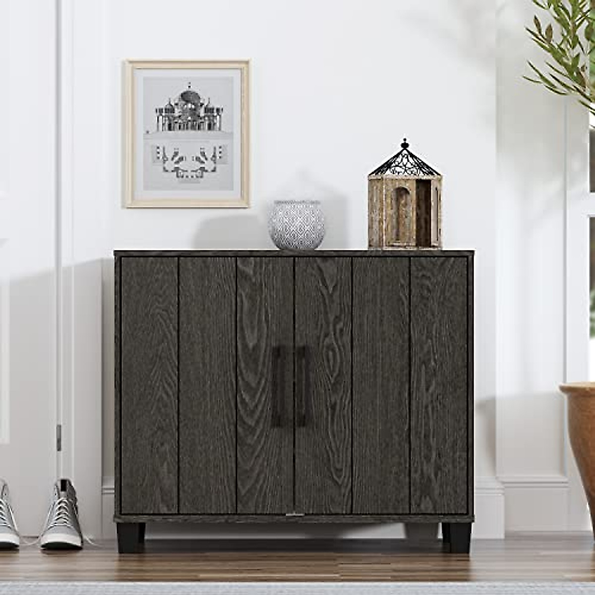 Galano 12 Pair Lucca 2 Door Shoe Storage Cabinet with Doors - Shoe Storage Entryway - Shoe Rack Shelf - Wood Organizer - Adjustable Shelves - Dark Grey Oak