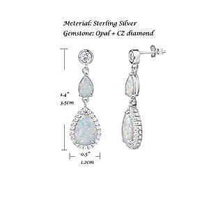 FANCIME October Birthstone Earrings Created Opal Dangle Earrings Sterling Silver 2 Stones White Fire Opal Halo Cubic Zirconia Long Teardrop Earrings for Women