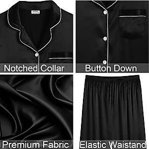 SWOMOG Women Satin Pajamas 4pcs Pajama Set Sexy Cami Shorts Set and Button Down Long Sleeve Pjs Loungewear Sleepwear Black,Small