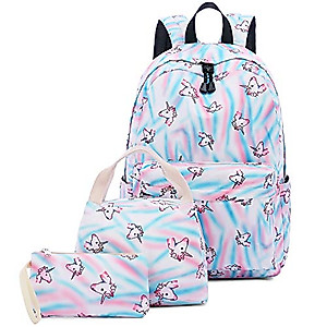 abshoo Cute Lightweight Teens School Bookbags Unicorn Girls Backpacks With Lunch Bag (Unicorn Rainbow Blue Set)