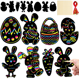 Fancy Land Easter Scratch Paper Rainbow Color Crafts Kit Ornaments for Kids Easter Basket Stuffers Party Favors 48Pcs