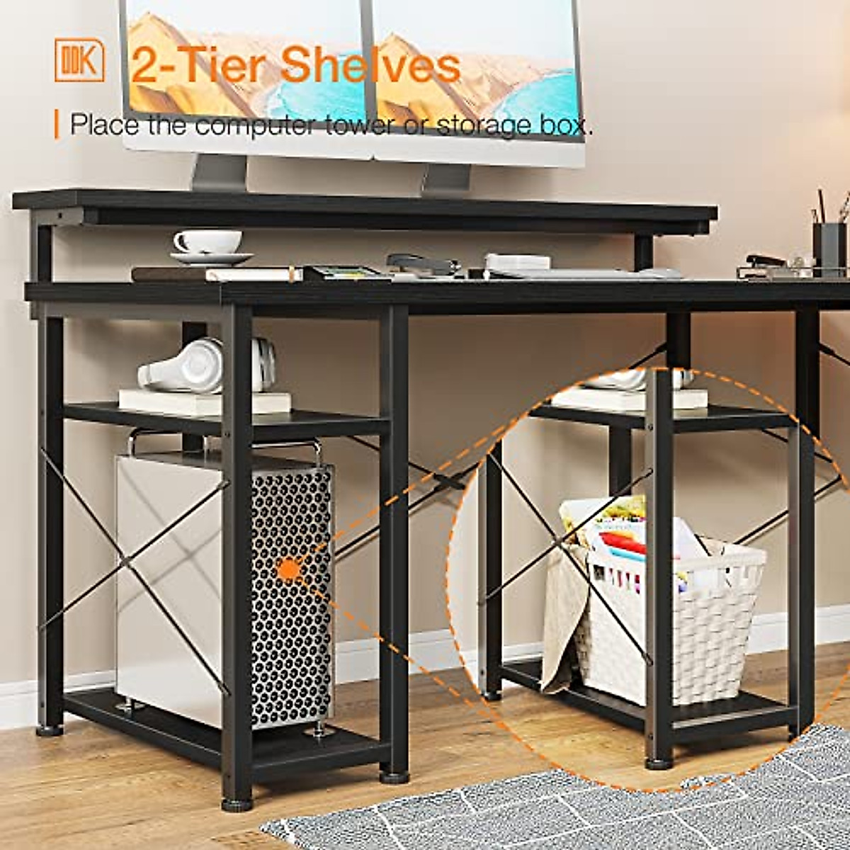 ODK L Shaped Desk with Monitor Stand, 61 Inch Home Office Desks with Storage Printer Shelves, Reversible Corner Gaming Desk with Bookshelf for Bedroom, Black