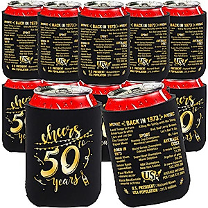 50th Birthday Decorations for Men Women Happy Fifty Birthday Party Decor Supplies 1973 Vintage- 50 Years Old Birthday Party Beverage Can Cooler Sleeves (12 Pack) Black & Gold Turning 50 BC003