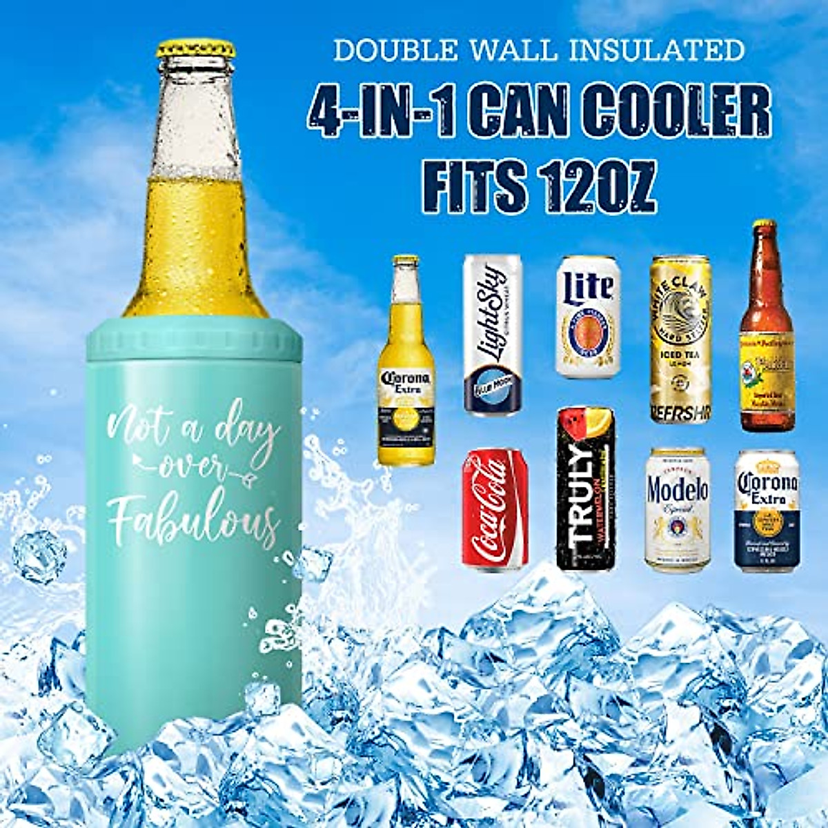 SANDJEST Not a Day Over Fabulous Tumbler Can Cooler 12oz - Inspirational Motivation 4-in-1 Design Tumblers Cans Coozie Travel Mug Cup Birthday, Mothers Day Gifts For Women, Friends, Besties, Sisters