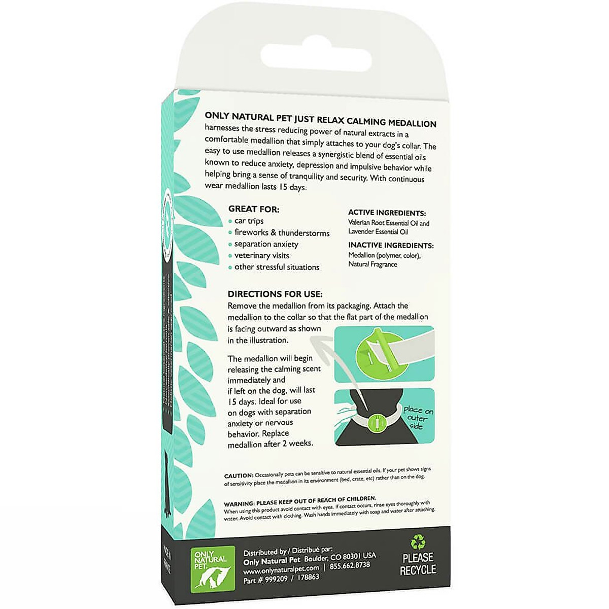 Only Natural Pet Just Relax Botanical Calming Collar Medallion for Dogs, Anxiety Relief/Calming with Essential Oils - Each Box Contains 2 Medallions (1 Month Supply)