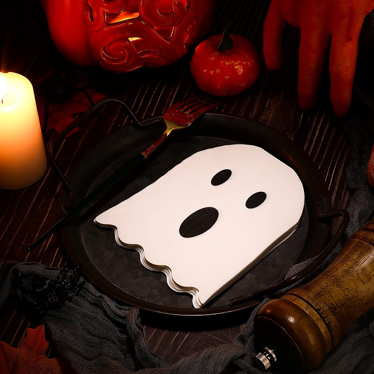 100 Pieces Ghost Napkins Halloween Napkins White Ghost Folded Halloween Napkins Disposable 2 Ply Halloween cocktail Napkins Tableware Decoration for Home Dinner Holiday Party Supplies(Basic)