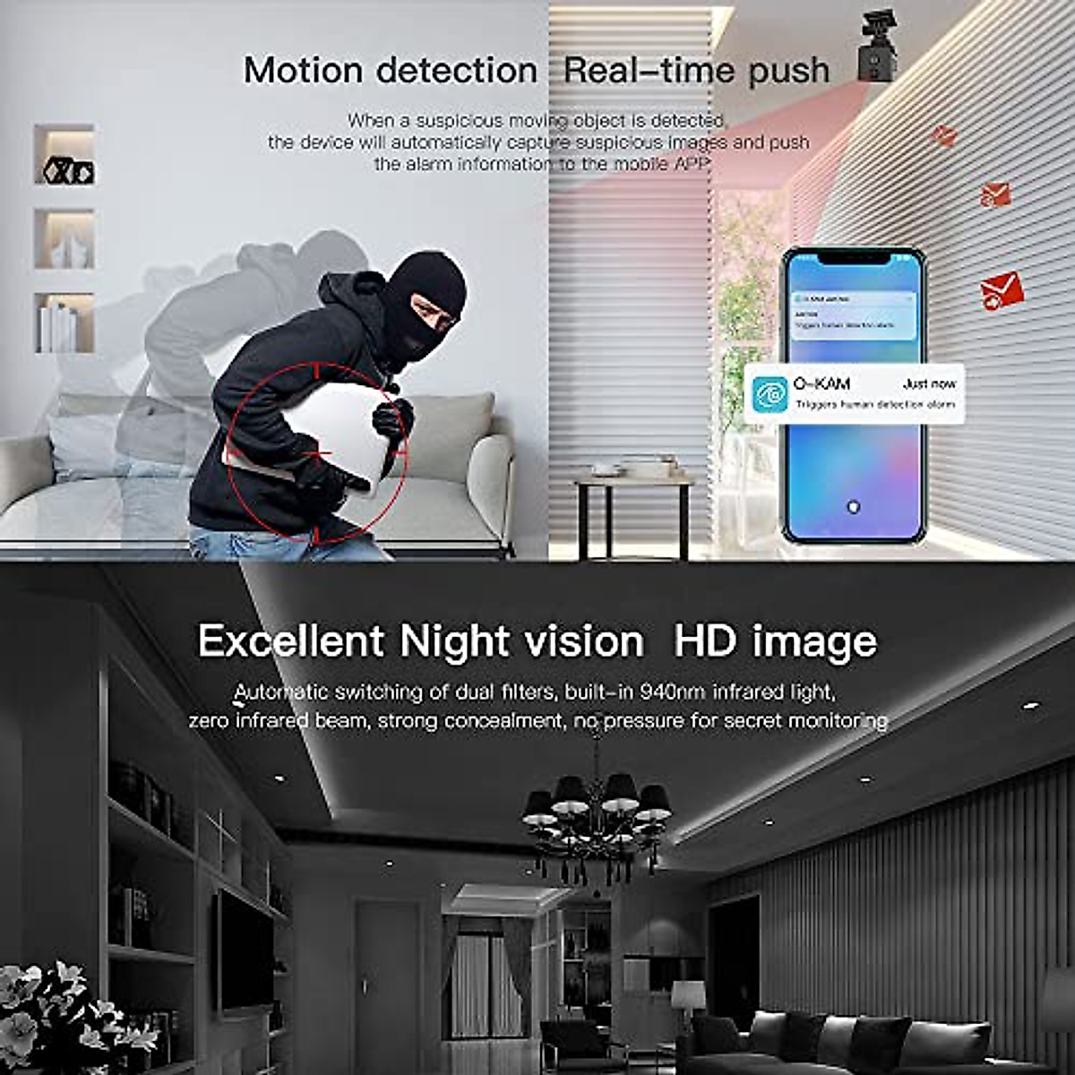 Spy Camera Hidden WiFi Mini 4K Wireless Indoor IP Cam Secret Nanny Security Surveillance for Baby Pet with Phone App AI Human Detection Alarm Push Cloud/64GB Night Vision 100 Day Standby Battery Life