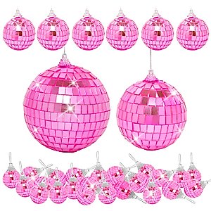 32 Pack Mini Disco Balls Decorations Different Sizes Mirror Ball with Hanging String Small Disco Ball Ornament for Disco Theme Party Cake Topper DJ Club Christmas Wedding Home Decor (Pink)