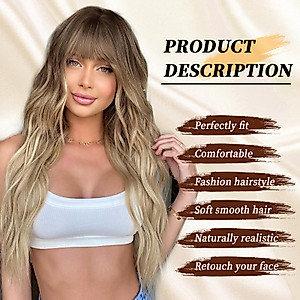 Cisyia Blonde Wigs with Bangs Ombre Blonde Wig for Women 26 Inches Long Wavy Curly Synthetic Heat Resistant Fiber Wigs for Girls Daily Party Use